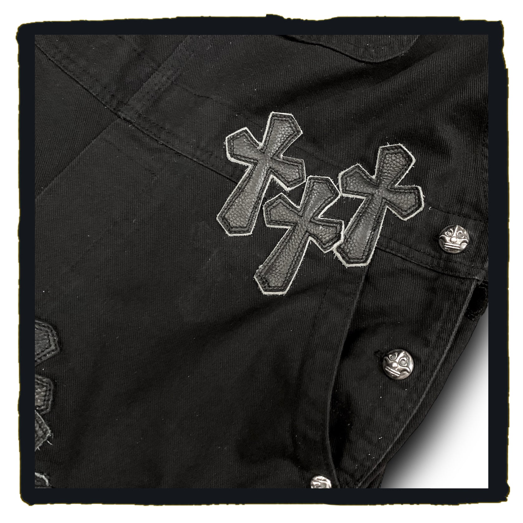 bespoke - denim overall with leather cross patch & sterling silver par ...