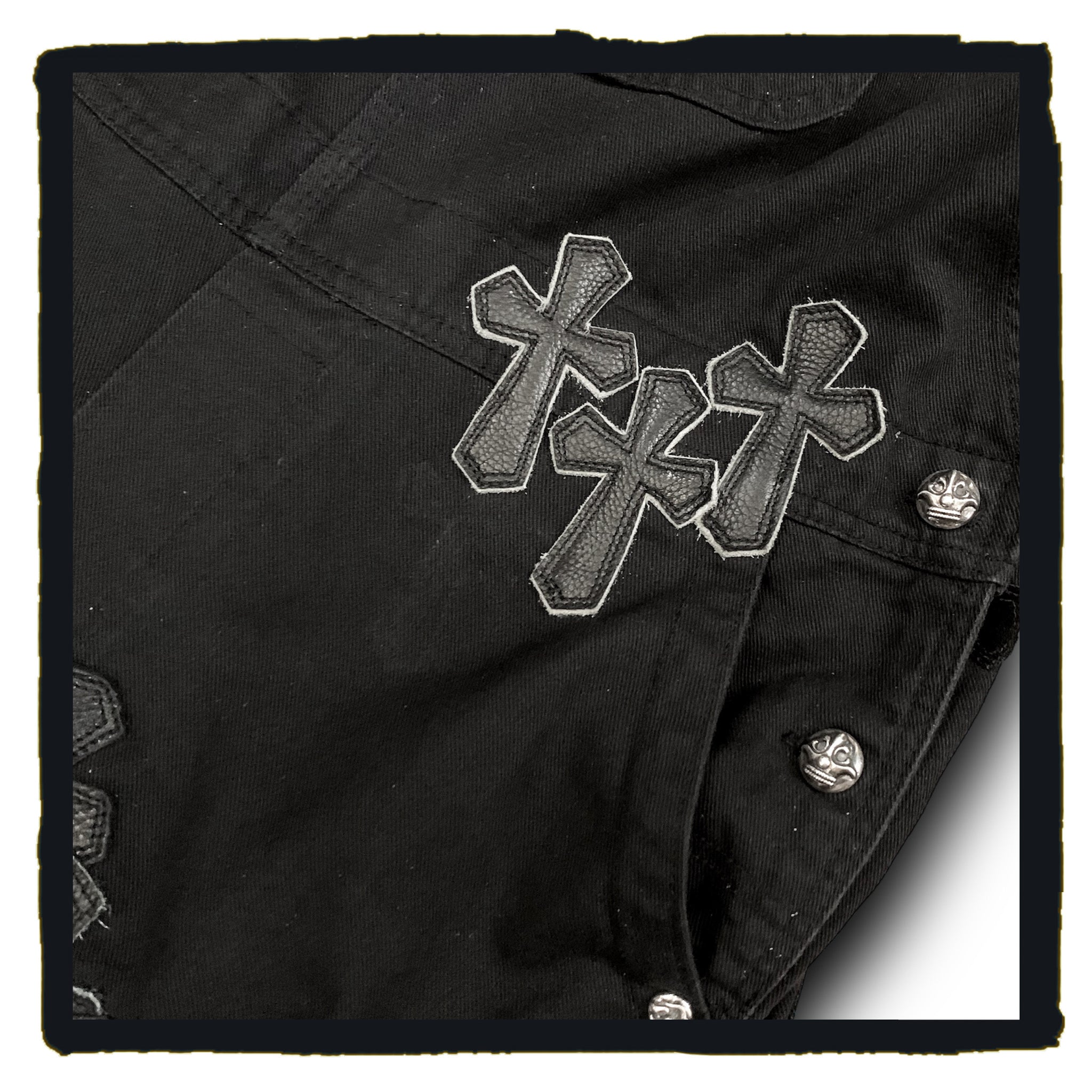 bespoke - denim overall with leather cross patch & sterling silver par – deep anger
